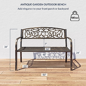 BELLEZE Outdoor Garden Bench, 50 inch Cast Iron Metal Loveseat Chairs with Armrests for Park, Yard, Porch, Lawn, Balcony, Backyard, Antique Patio Seat Furniture Welcome Design, Brown