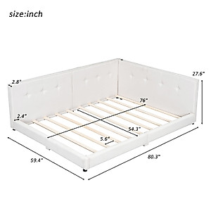 RUNNA Modern Upholstered Full Size Platform Bed with USB Ports, Linen Wooden Daybed/Sofa Bed/Low Floor Bed Frame with Backrests for Boys Girls Teens Adults, Easy to Assemble