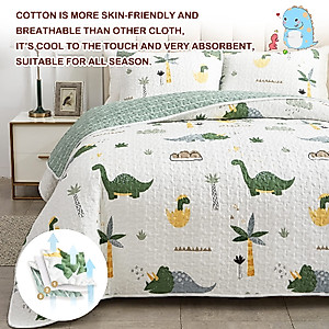 Joyreap 2-Piece Cotton Quilt Set Twin, Dinosaur Theme Green Color Design for Kids Boys n Girls, Smooth Soft Quilt Bedspread Bed Cover for All Season, 1 Quilt and 1 Pillow Sham- 68x86 inches