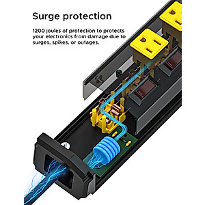CRST 6 Outlet Heavy Duty Power Strip with Individual Switches, 15A/1875W Moutable Metal Power Strip Surge Protector with Circuit Breaker (1200 Joules), 6 FT 14AWG Extension Cord