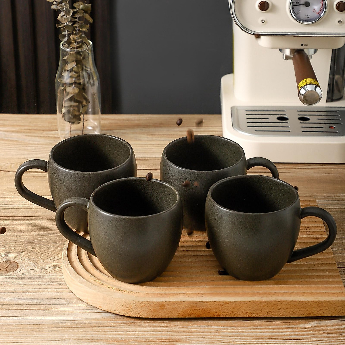 Tikooere Coffee Mugs Set of 4, Ceramic 16 oz Coffee Cups for Tea, Milk, Cereal, Cappuccino, Porcelain Latte Cups with Large Handle, Stoneware Coffee Mugs for Christmas Housewarming Gifts, Black