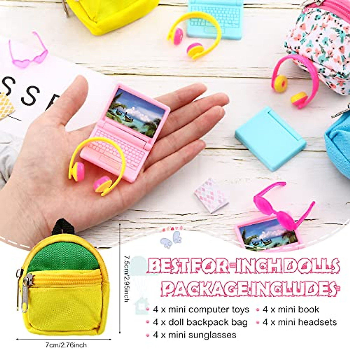 20 Pieces Doll Backpack Set Dollhouse School Accessories Doll Travel Supplies Include Mini Laptop Scene Simulation Backpack Bag with Zipper Mini Headsets Toy Sunglasses Book for 1/12 1/6 Scale
