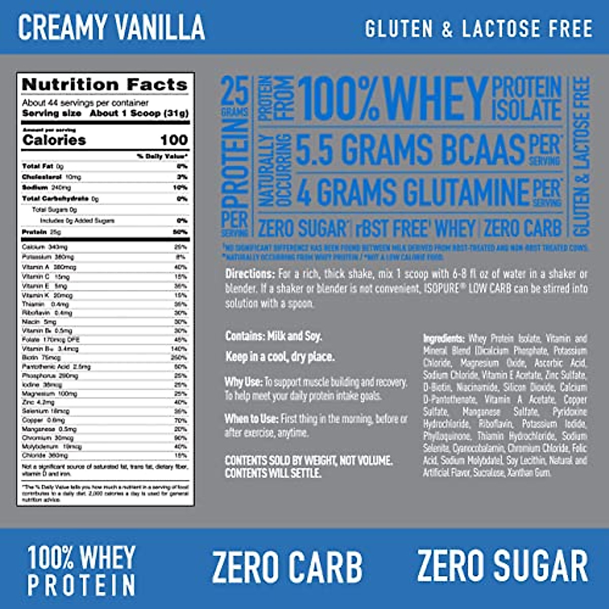 Isopure Creamy Vanilla Whey Isolate Protein Powder with Vitamin C & Zinc for Immune Support, 25g Protein, Zero Carb & Keto Friendly, 3 Pounds (Packaging May Vary)