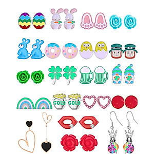 20 Pairs Mothers Day St Patrick's Day Easter Hypoallergenic Drop Stud Earrings Bulk for Girls Women Clover Shamrock Green Hat Easter Eggs Bunny Earrings Dangle Stud Earrings Set for Teen Girls Women Valentine’s Day Gifts, Easter (Valentine’s/St Patrick's/