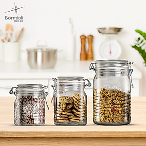 Bormioli Rocco Officina 1825 Variety Pack, Set Of 3 Glass Jars (33.75 Oz. 25.25 Oz. 17 Oz.), Wide Opening, With Airtight Hinged Lid, clear, Made In Italy.