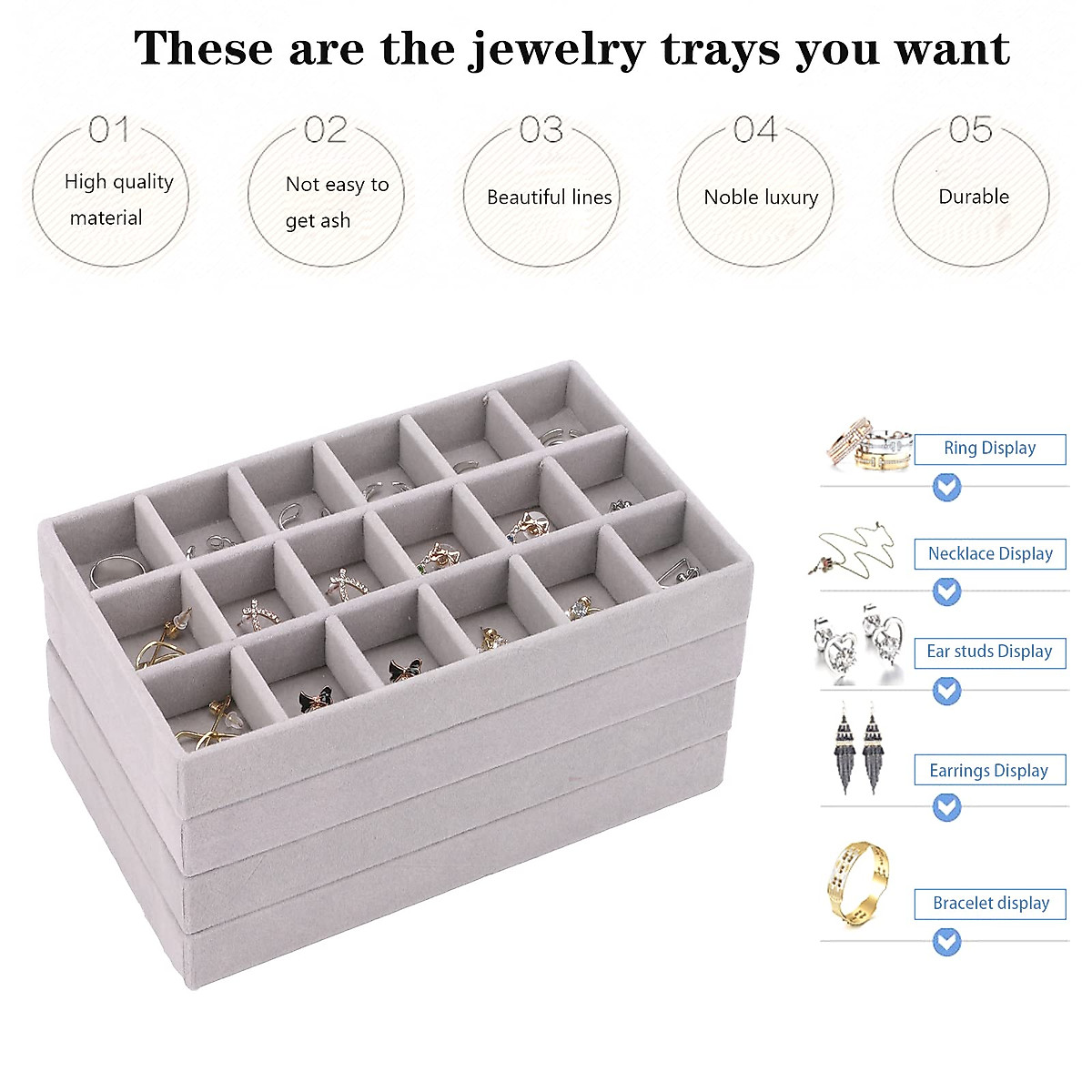 AIRZSNRY Jewelry Organizer for Drawer, Velvet Jewelry Insert Tray, Stackable Jewelry Storage Inserts Stacking Accessories Display for Dresser(Grey,Set of 4)