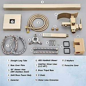 Gmusre Brushed Gold Floor Mounted Waterfall Tub Filler Freestanding Bathtub Faucet Brass Bathroom Single Handle with Shower Hand Spray and 360 Degree Swivel Spout