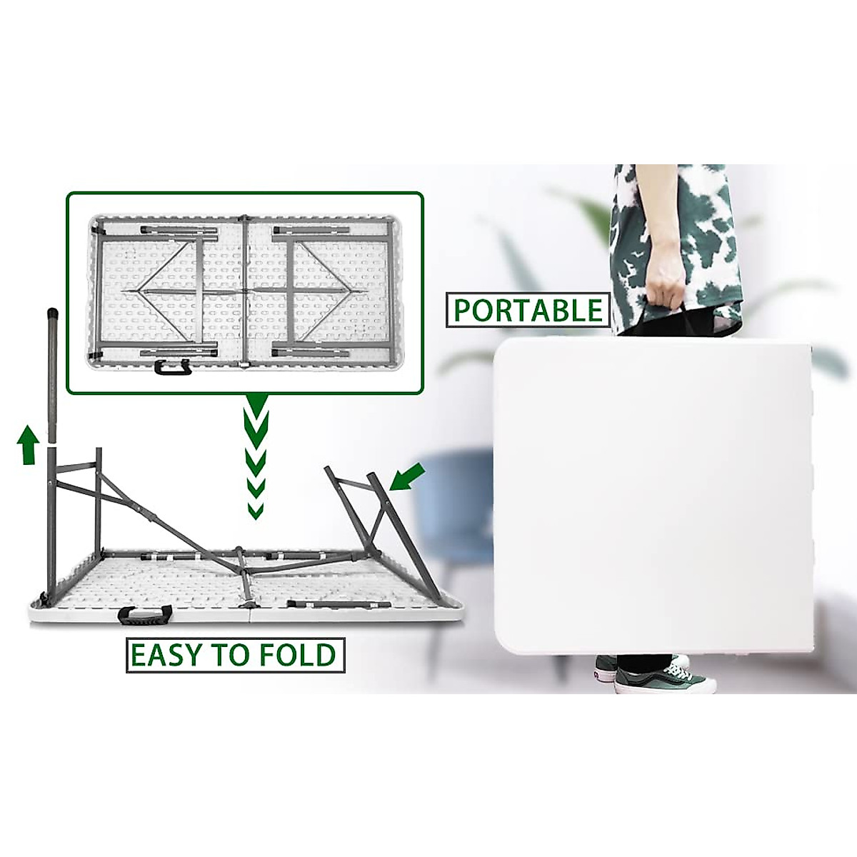 CAMP SOLUTIONS Bi-Folding Table 4 FT, Plastic Portable Tables for Dining Parties Card Picnic Camping, Granite White