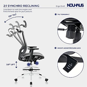 Nouhaus ErgoDraft – Ergonomic Draft Chair, Computer Chair and Office Chair with Headrest. Rolling Swivel Chair with Wheels (Grey)