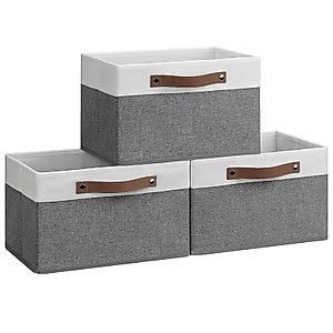 LOVSTORAGE Storage Boxes, 3 Pack Fabric Collapsible Storage Organizer Container with Leather Handle, 13 x 9 x 8 inch Rectangular Storage Bins Baskets for Shelves Home Nursery, White/Grey