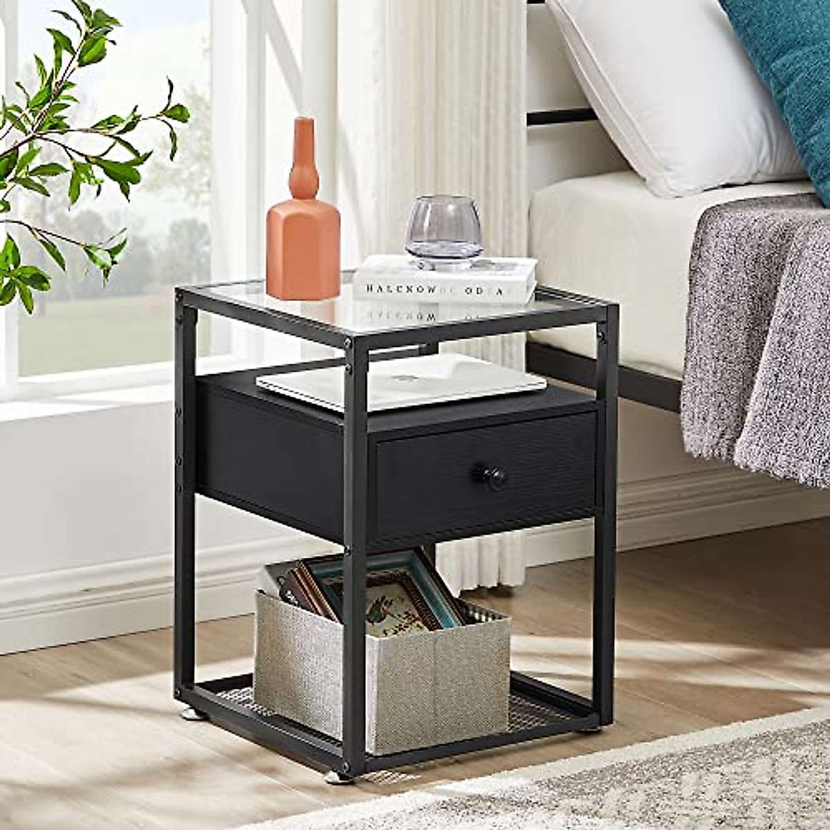VECELO Bedside End Table, Modern Nightstand with Drawer, Night Stand for Living Room Bedroom, Tempered Glass, Black