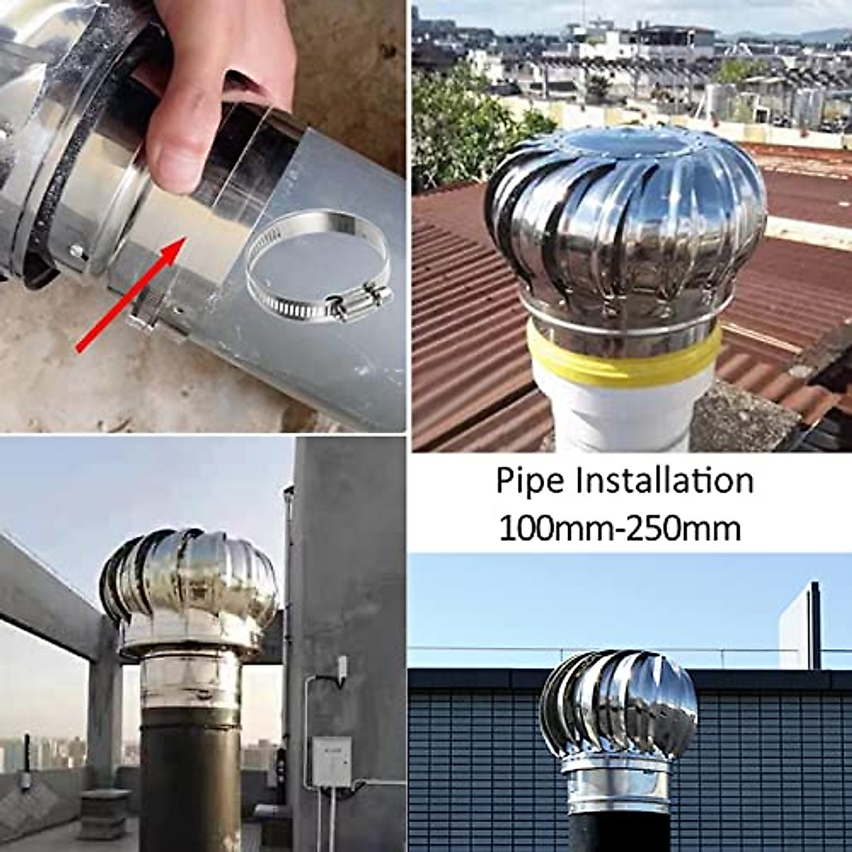 ZAQYCM 4 6 8 10 12 14 Inch Wind Turbine Cover for Home Roof, Outdoor Roofing Vent Pipe for House/Chimney/Metal Roof, All Weather Rain Cap Stainless Steel (Size : 200mm/7.9 in)