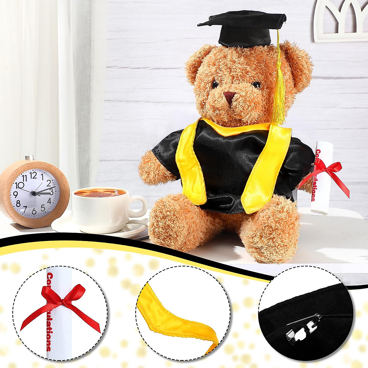 Graduation Bear Clothes Graduation Hat with Yellow Tassel Diploma Gown Outfit Plush Toy Cute Gown Clothes Accessories Fits Most 13 Inch Plush Bear Doll Small Stuffed Animal Graduation Costume