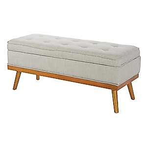OSP Home Furnishings Katheryn Storage Bench with Tufted Seat and Wood Finish Legs, Grey Fabric