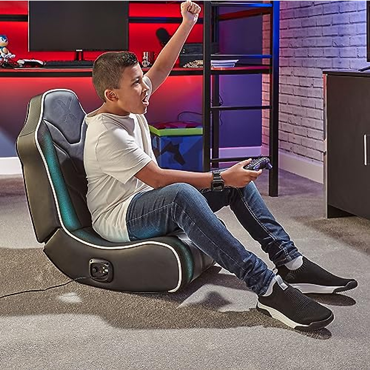 X Rocker Chimera RGB LED Floor Rocker Gaming Chair for Kids, Youth Aged 5-9, Built in Audio System, Foldable, 5110101, 29.1 x 16.5 x 26.7", Black