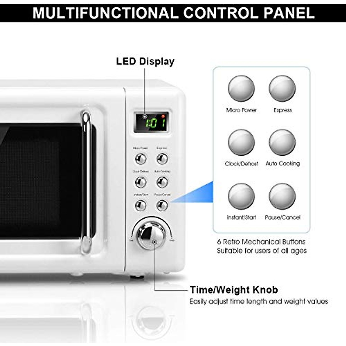Moccha Compact Retro Microwave Oven, 0.7Cu.ft, 700-Watt Countertop Microwave Ovens w/5 Micro Power, Delayed Start Function, LED Display, Child Lock (White)