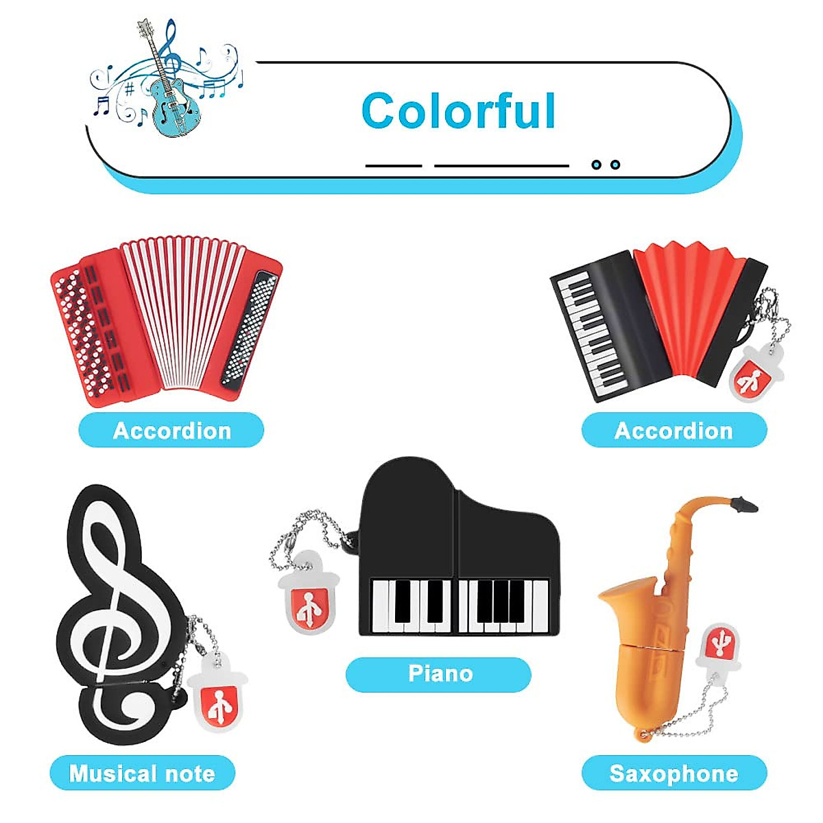 Leizhan 5 x 8GB Cute Music USB Flash Drive, Accordion*2/Saxophone/Piano/Notes Shape Musical Instruments Thumb Drive Memory Stick Drive Pendrive Gift for Kids, Teacher, Friends