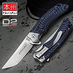 Honshu Black and Blue Sekyuriti Ball Bearing Pocket Knife - D2 Tool Steel Blade, G10 Handle Scales, Steel Pocket Clip, Lanyard Hole – The Perfect Everyday Carry - 4 1/2" Closed