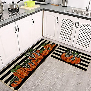 GEEORY Fall Kitchen Mats Set of 2, Striped Pumpkins Bowknot Floor Mat Farmhouse Seasonal Holiday Thanksgiving Decorations 17x29 and 17x47 Inch (Striped) GK068