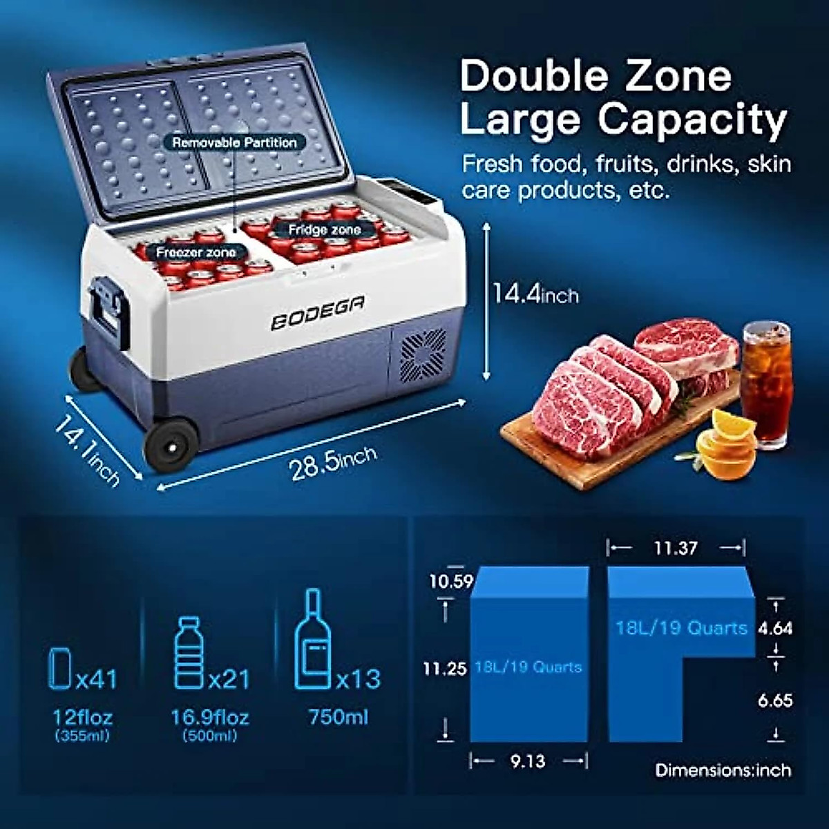 BODEGACOOLER 12 Volt Car Refrigerator,38 Quart Portable Freezer Fridge,Car Fridge Dual Zone WIFI APP Control,(36L)-4℉-68℉Car Cooler 12/24V DC and 100-240V AC for Outdoor,RV,Travel,Camping