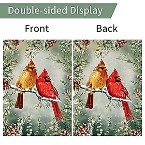 Heyfibro Welcome Winter Garden Flag Cardinal Red Bird Holly Berry Branches Snow Welcome Winter Flags 12x18 Inch Double Sided Burlap Banner for Winter Holiday Christmas Yard Outdoor Decoration(ONLY FLAG)