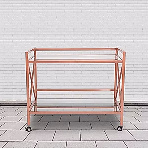 Flash Furniture Glenwood Park Glass Kitchen Serving and Bar Cart with Rose Gold Frame