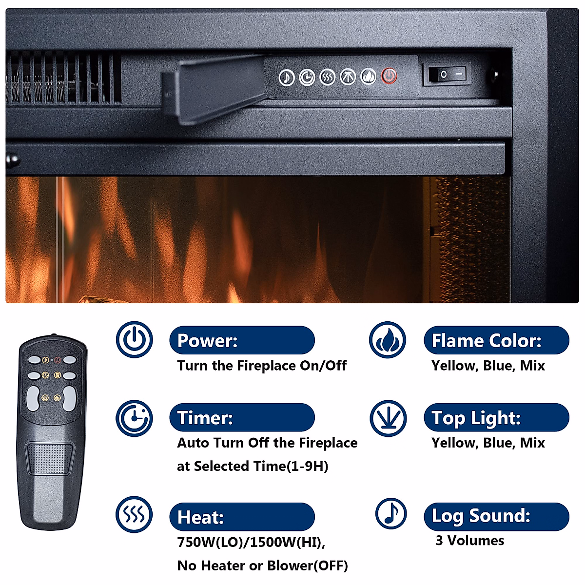 Velaychimney Electric Fireplace Insert, 36 Inches Recessed Fireplace Heater with Adjustable Flame and Top Light Colors, Fire Crackling Sound, Remote Control, Timer, 750W/1500W, Black