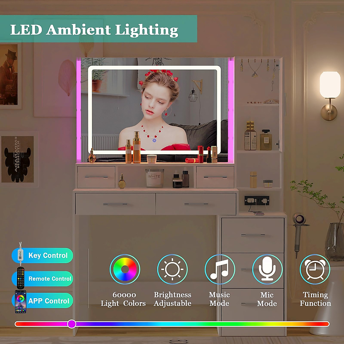 Hiwelldas Vanity Desk with Mirror and Lights, 43.3'' Large Makeup Vanity Table with Ambient Light 3 Lighting Modes Brightness Adjustable, Dressing Table with with Charging Station,7 Drawers