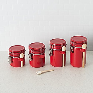 Canister Sets For The Kitchen (4 Piece Set) Red, High Gloss Ceramic | By Home Basics | Decorative Kitchen Set | With Wooden Spoons, Countertop Set For Flour, Sugar, Coffee, and Snacks