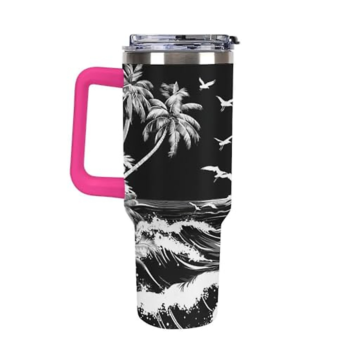 Palm Tree Black 40 Oz Tumbler Insulated Stainless Steel Water Bottle Travel Mug Car Cup with Handle And Straw