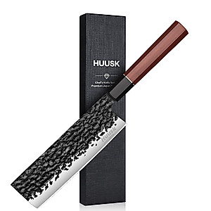 Huusk 7" Nakiri Chef Knife - Japanese Hand Forged Chopping Knives, 3 Layers 9CR18MOV High Carbon Kitchen Knife, Professional Sharp Cooking Knife with Ergonomic Handle for Meat, Vegetables, Fish