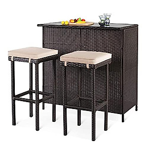 Omelaza 3-Piece Patio Bar Table Set Outdoor Wicker Bistro Set - Glass Bar and Two Stools with Cushions for Patios, Backyards, Porches, Gardens or Poolside