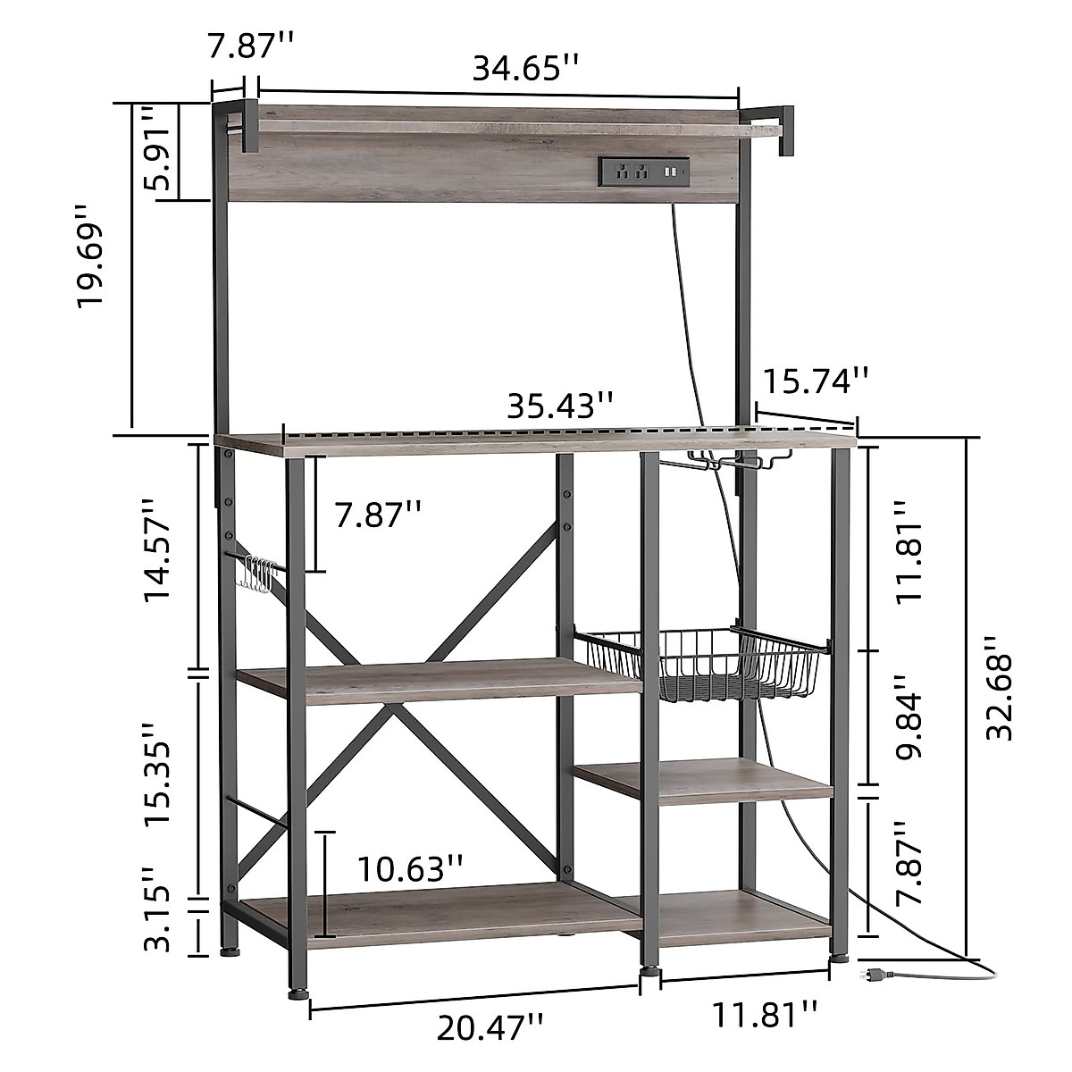 JAMFLY Kitchen Bakers Rack with Power Outlet, Coffee Bar Cabinet, Kitchen Cart, Large Microwave Stands Cart with 6 S-Shaped Hooks, Wine Glass Holder and Basket (Grey)