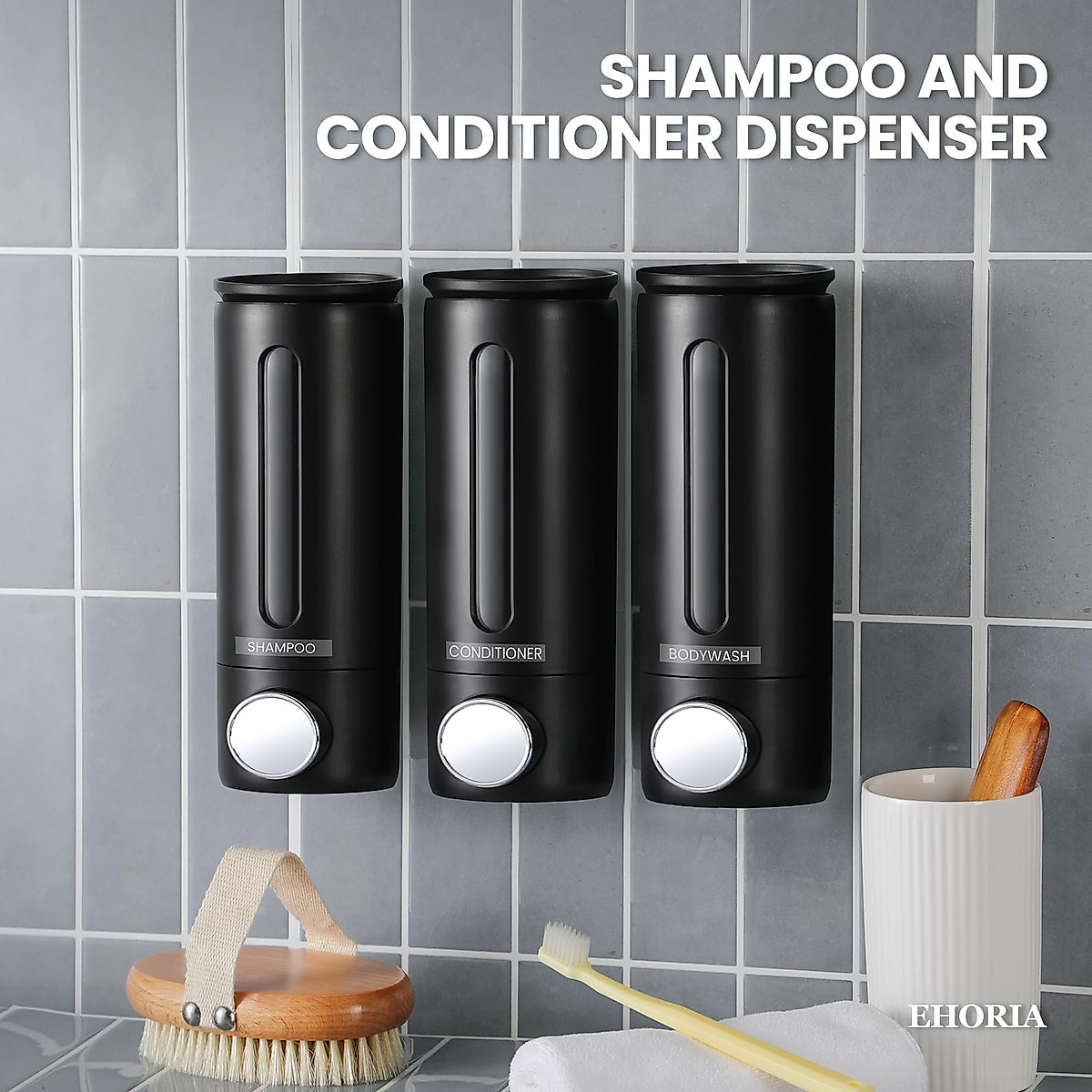 EHORIA Shampoo and Conditioner Dispenser,Shampoo Dispenser for Shower,Soap Pump for Shower(17.6 oz Triple) (Black)