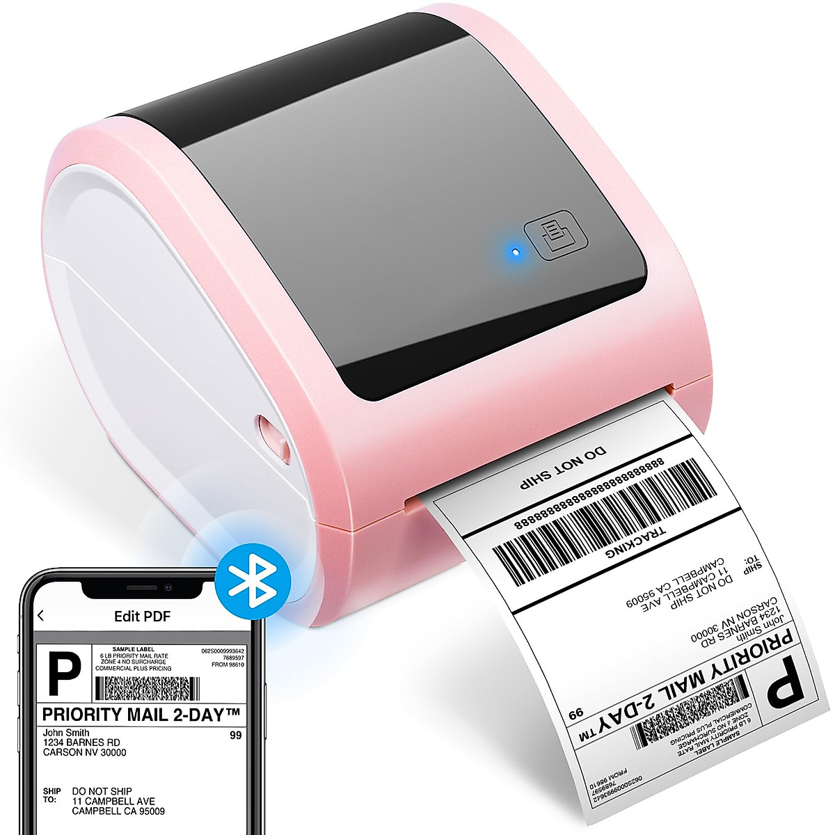Bluetooth Thermal Shipping Label Printer 4X6 - Wireless Pink Thermal Label Printer for Shipping Packages & Small Business - Thermal Shipping Label Printer, Compatible with Phone, USPS, Shopify, Ebay