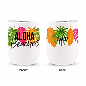 WEDDINGSTAR Personalized Stemless Travel Tumbler 12oz – Insulated Stainless Steel Wine Glass with Lid - Aloha Beaches - White