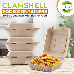 Raj Eco To Go Containers Compostable Clamshell Disposable, [8x8" 50-Pack] Take out Box With Hinged Lids, Meal-Prep, Eco Friendly, Biodegradable, food container made of sugar cane Bagasse BROWN