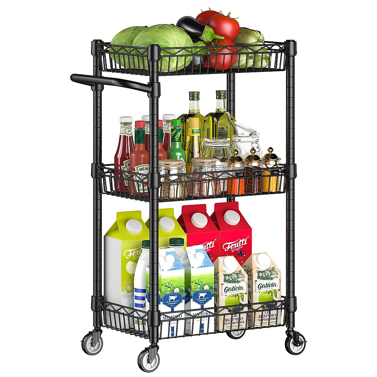 YASONIC 3 Tier Metal Rolling Cart, Kitchen Cart with Adjustable Shelves, Heavy Duty Utility Cart with Lockable Wheels, Multifunctional Rustproof Storage Cart, Bathroom Organizer Cart, Black