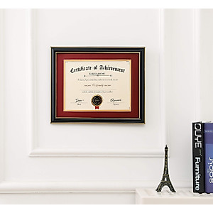 ELSKER&HOME 8.5x11 Document Frame - High Gloss Black Wood Color Frame - Made for Certificates Sized 8.5x11 Inch with Mat and 11x14 Inch Without Mat (Double Mat, Red with Golden Rim)