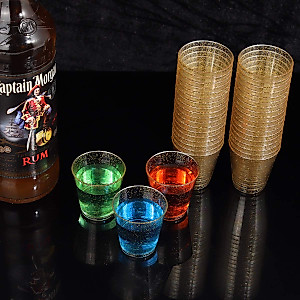 WELLIFE 200 PACK Plastic Gold Glitter Shot Cups, 2OZ Disposable Shot Glasses,Small Hard Plastic Tumblers,Gold Tasting Sampling Cups,Premium Mini Container Perfect for Whiskey for Party