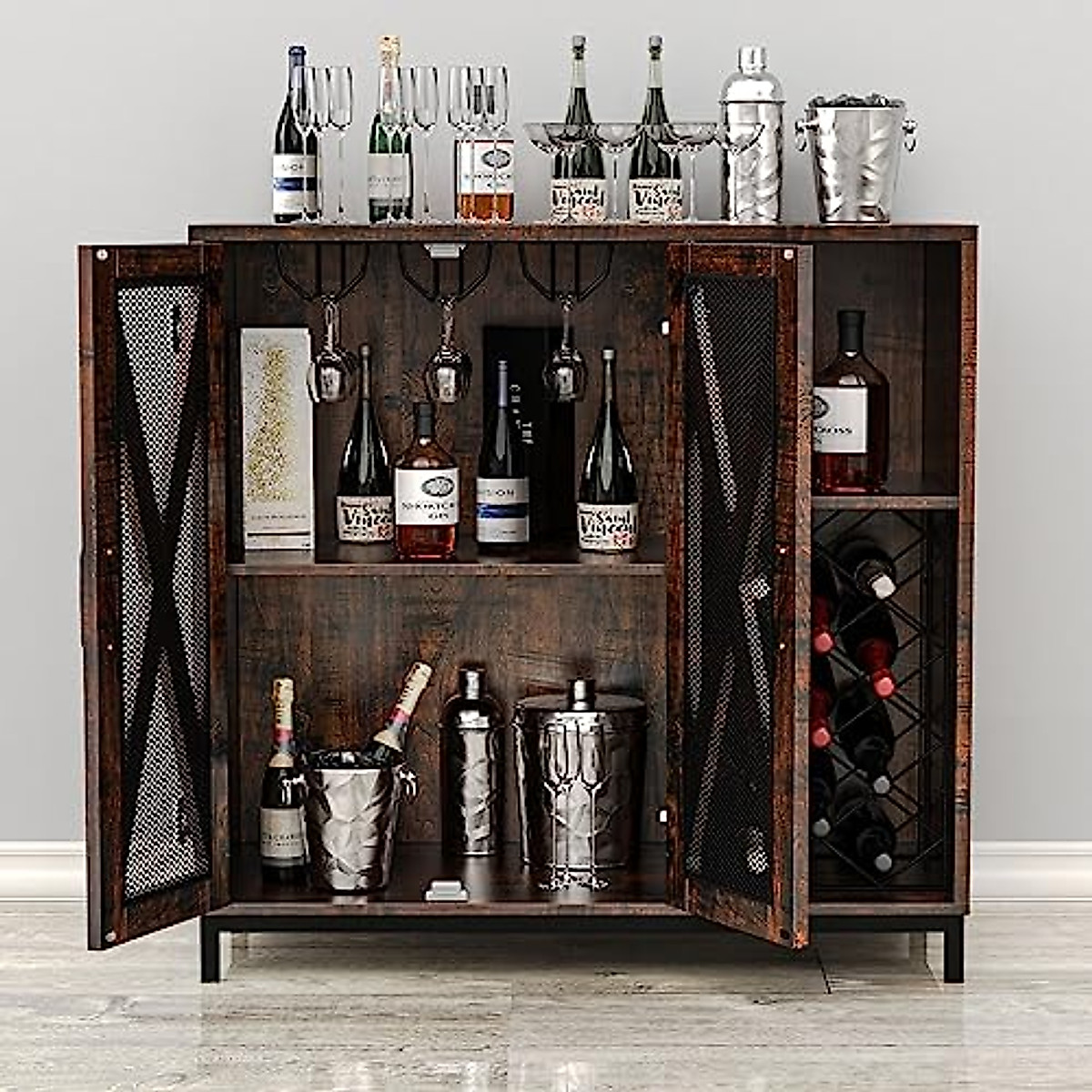 FROMJBEST Wine Bar Cabinet, Industrial Coffee Bar Cabinet with 2 Door and Shelf, Glass Holder, Accent Storage Cabinet, Buffet Sideboard for Dining Room, Kitchen