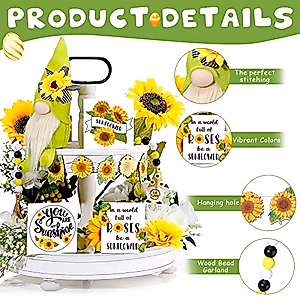 Yookeer 13 Pieces Sunflower Tiered Tray Decor Sunflower Wooden Kitchen Signs Sunflower Gnome Flags Faux Flower Beaded Garland Decor Set My Sunshine Farmhouse Decor for Spring Summer Fall Rustic Decor