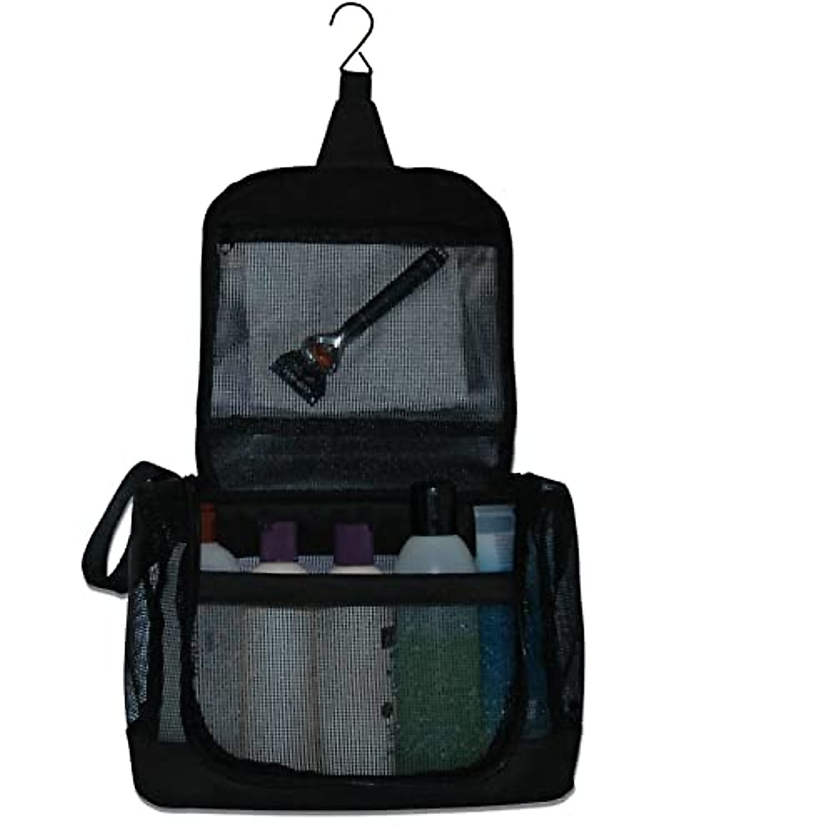 The Fine Living Co. Portable Hanging Shower Caddy Organizer Bag, Quick Dry Mesh Shower Caddy Tote Bag Pouch with Metal Hook for Bathroom College Dorm Camp Gym Camping Toiletry Bath (12”x3”x8”)