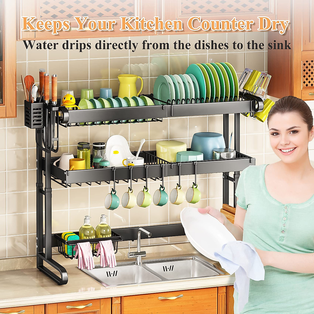 Over The Sink Dish Drying Rack, 3 Tier Adjustable Length Kitchen Counter Dish Rack Over Sink, Large Dish Drainer with Utensil Cup Holder, Black