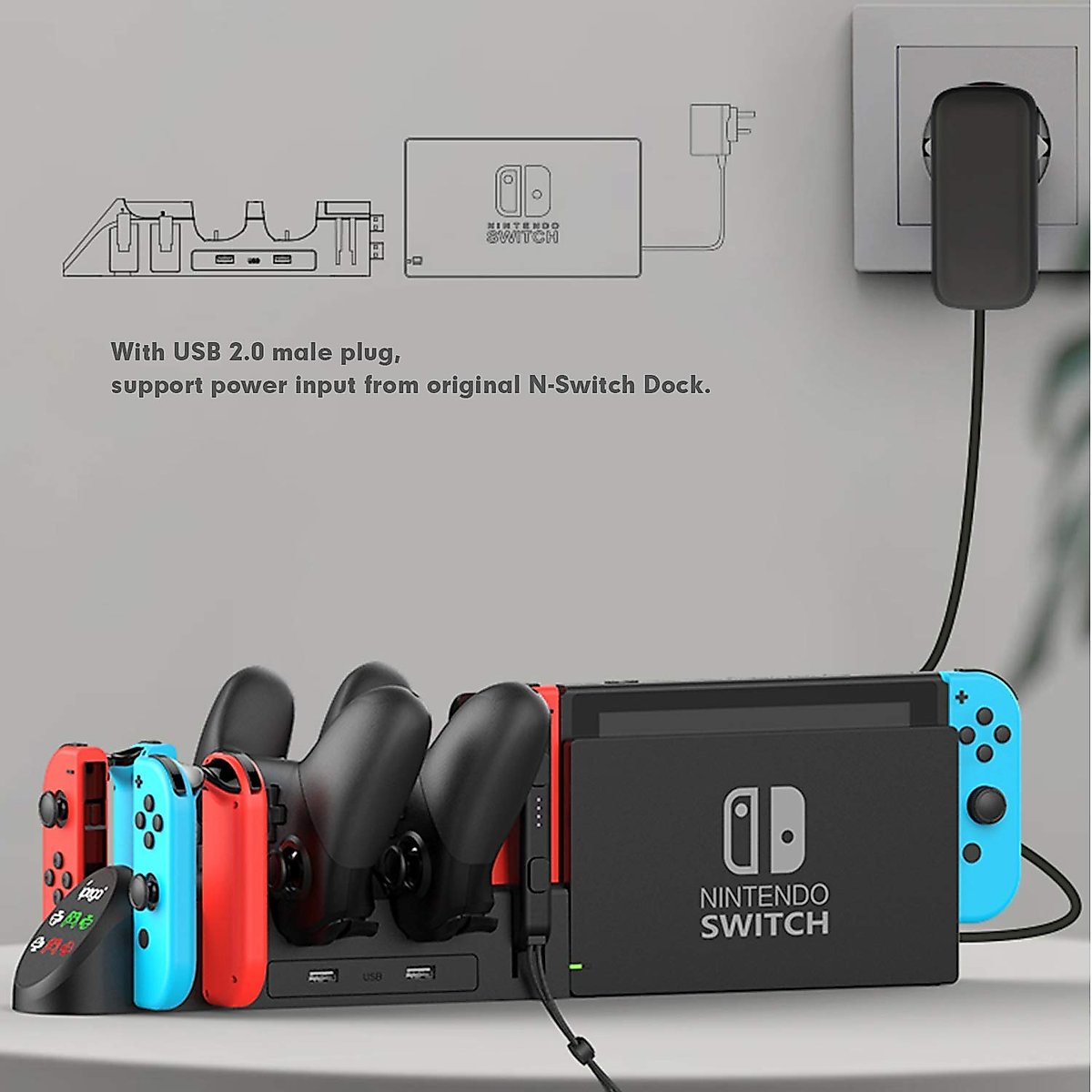 ECHZOVE Controller Charger for Nintendo Switch, Charger for 4 Switch Joy-Con Controllers, 2 Switch Pro controllers, 2 Joy-con Wrist Straps with USB 2.0 Ports(Not for PowerA Pro Controllers)