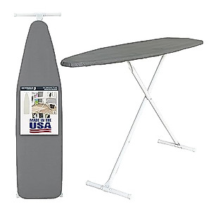 Ironing Board Full Size; Made in USA by Seymour Home Products (Solid Grey) Bundle Includes Cover + Pad | Iron Board w/Steel T-Legs Adjustable Tabletop up to 35" High; Perforated Top for Steam Flow