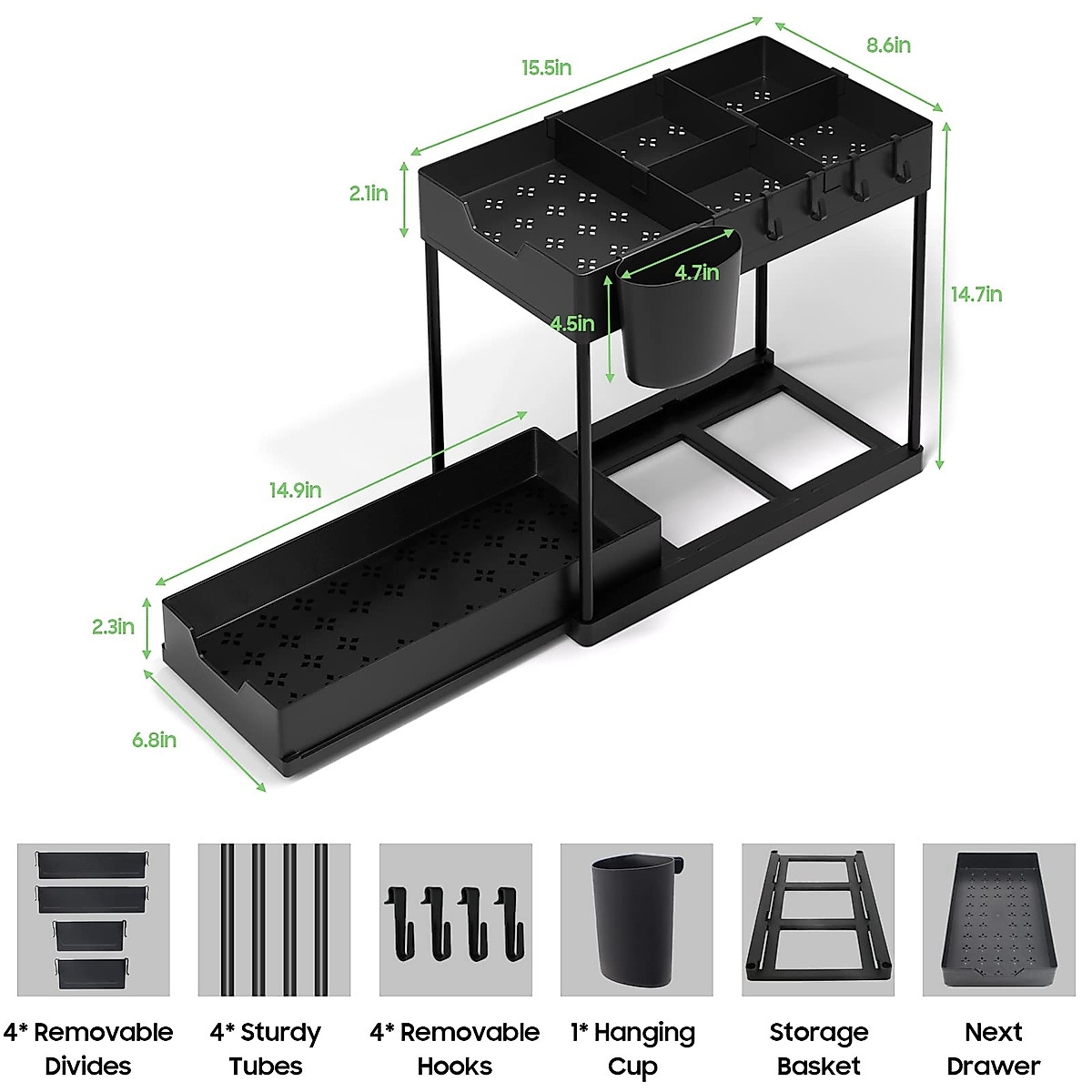 Under Sink Organizers and Storage, Nreirly Double Sliding Cabinet Basket Organizer Drawer, 2-Tier Slide Out Storage Shelf for Bathroom Kitchen Organizer with Hooks, Hanging Cup, Dividers, 2 Pack