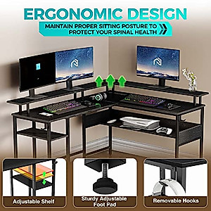 Rolanstar Computer Desk L Shaped with LED Strip & Power Outlets, Reversible L Shaped Computer Corner Desk with Monitor Stand, Home Office Gaming Desk with USB Port&Hook, Black