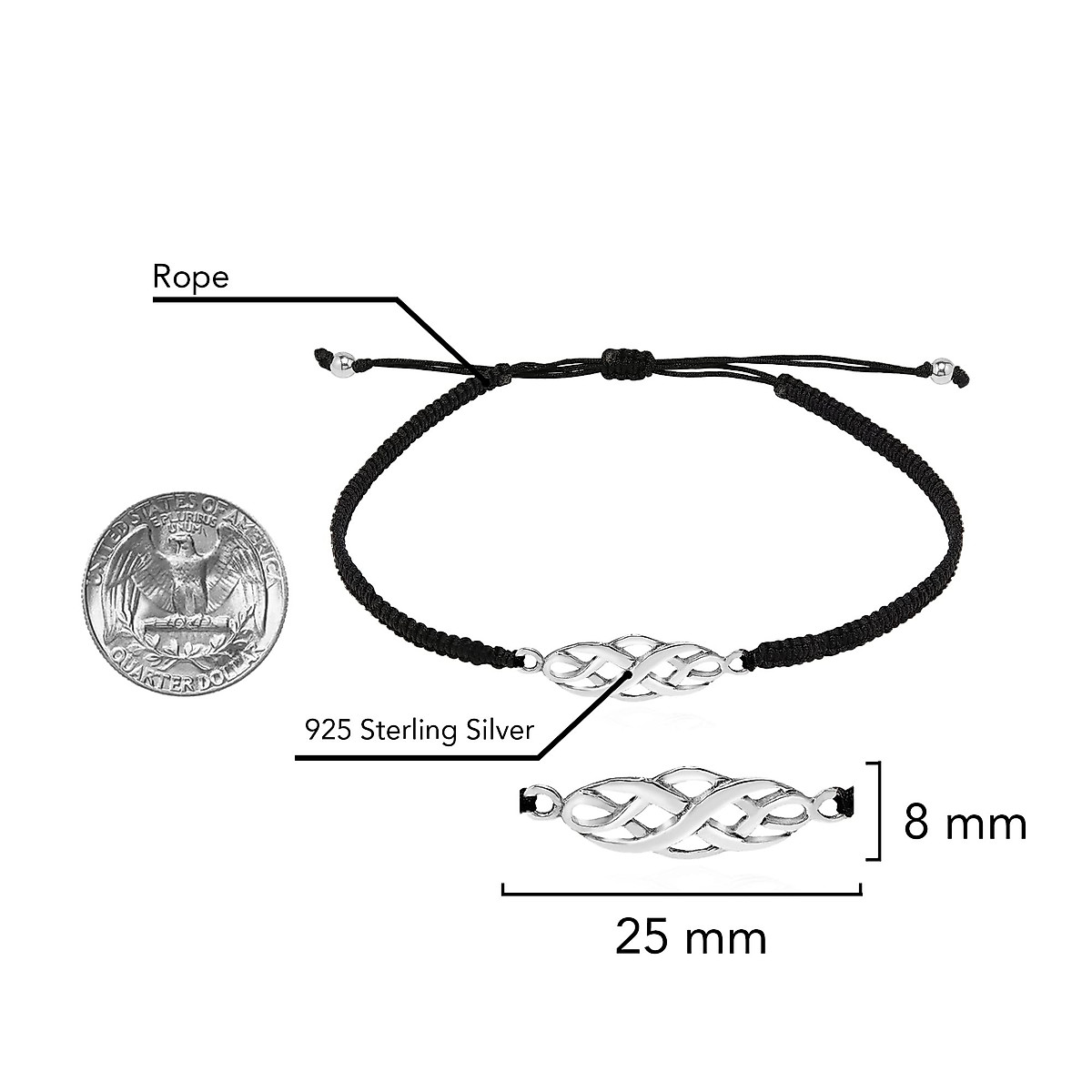 AeraVida Celtic Infinity Knot Rope Sterling Silver Charm on Black Adjustable Bracelet