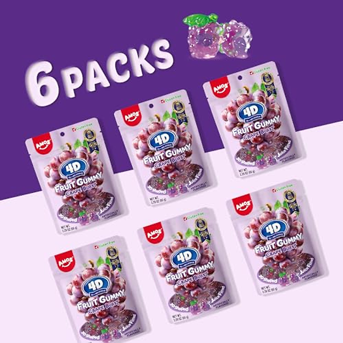 Amos 4D Gummy Candy Grape Burst, Fruity Snacks Central Jelly Filled, Halloween Candy Gift, Resealable 2.29oz Bag for Halloween Parties（Pack of 6）